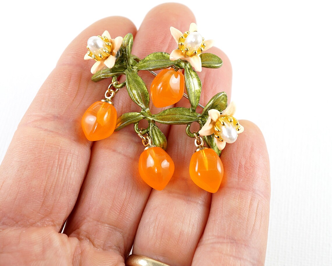 Exquisite Orange Fruit Berries Brooch Metallic Green Plant - Etsy