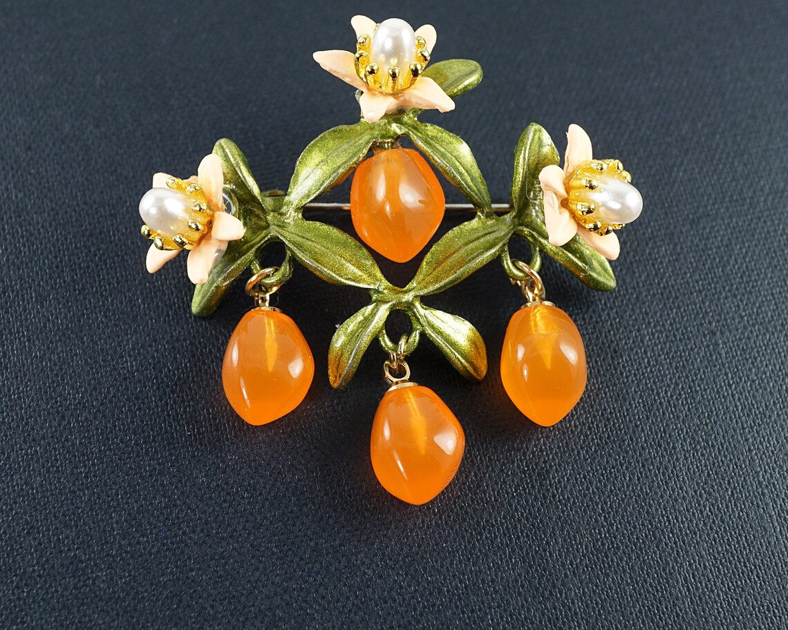 Exquisite Orange Fruit Berries Brooch Metallic Green Plant - Etsy