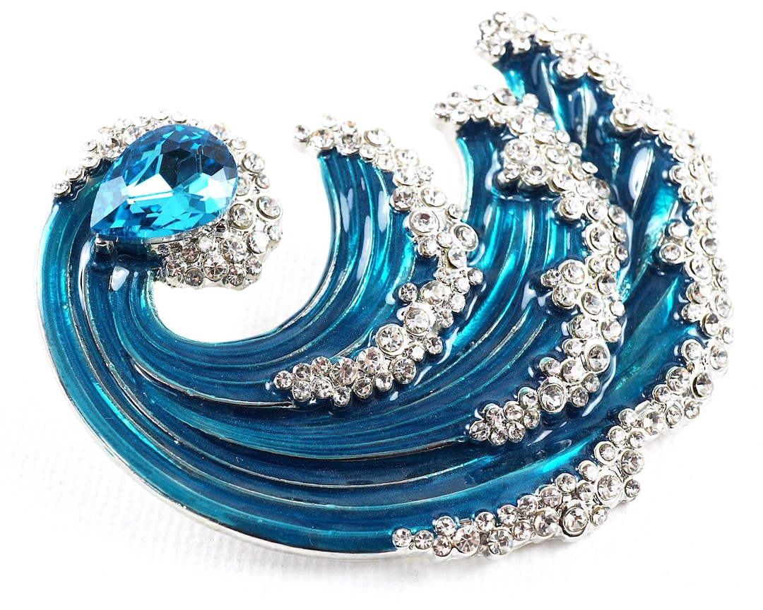 Ocean Wave Brooch, Blue Teardrop Rhinestone, Many Tiny Crystal Foam Pin ...