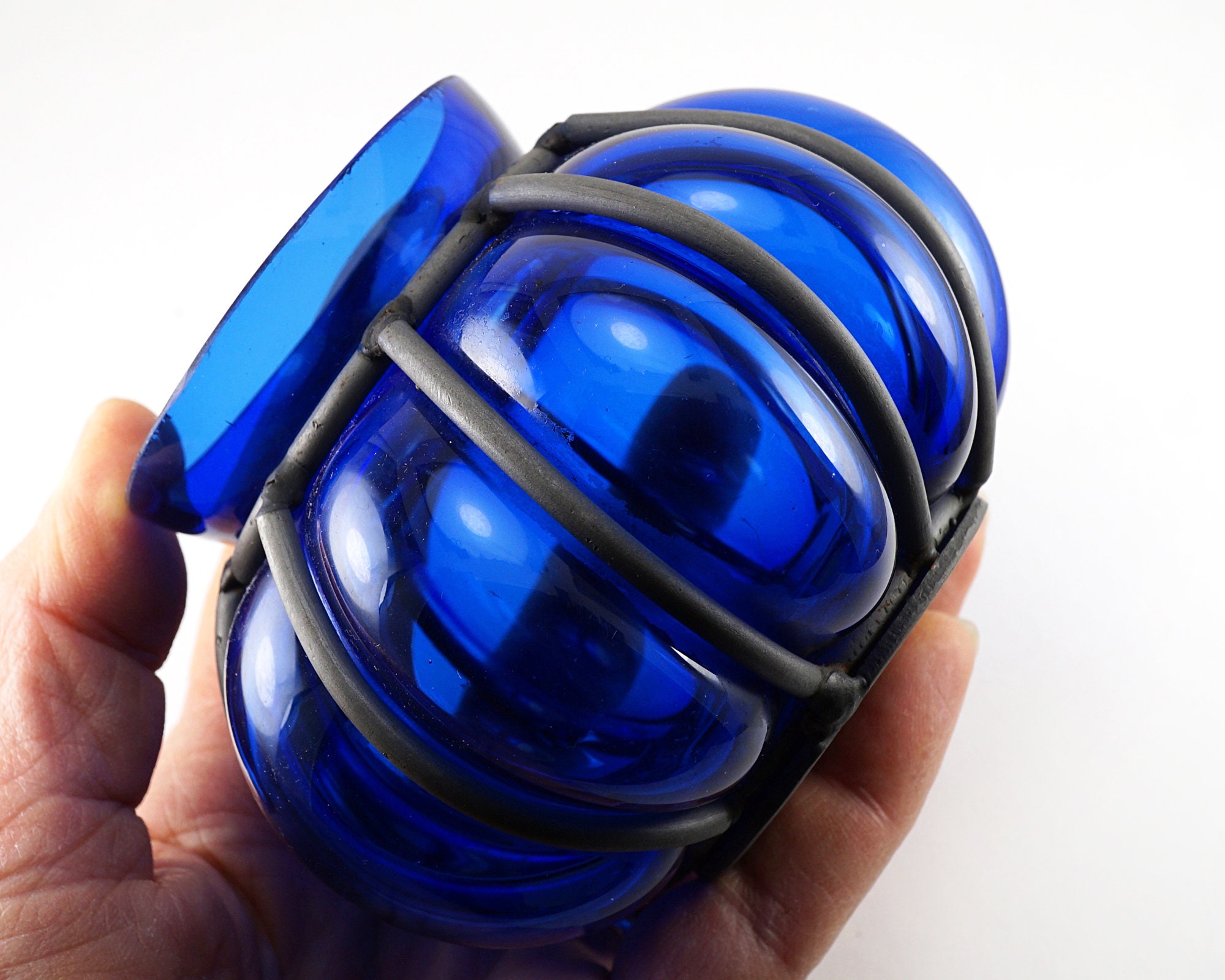 Vintage Hand Blown Glass Lantern, Cobalt Blue Glass in Iron Cage ...
