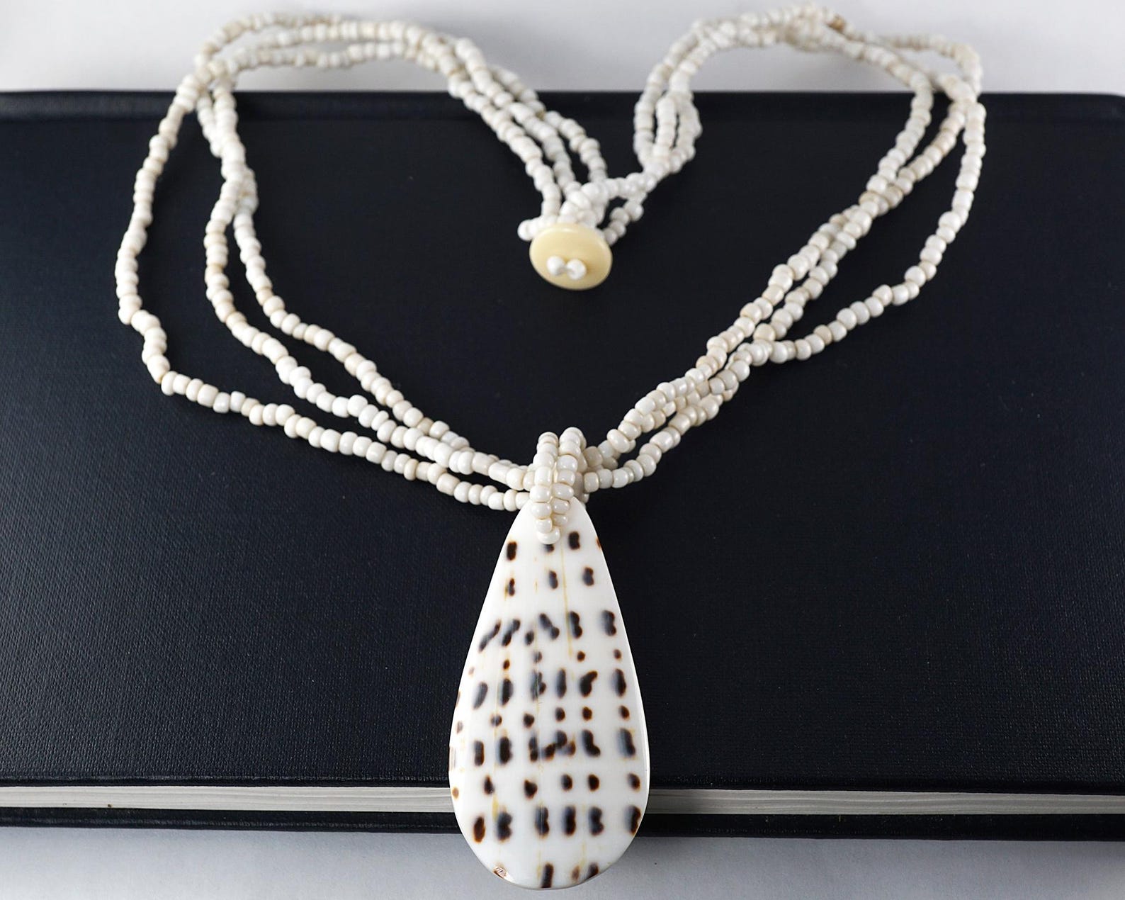 Teardrop Spotted Shell Pendant Necklace, White Multi Strand Necklace ...
