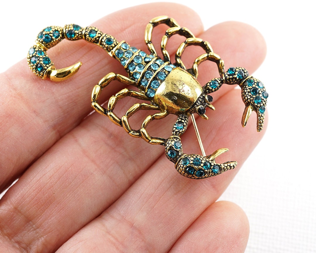 Small Scorpion Brooch, Tiny Blue Rhinestones, Vintage Brass Brooch Pin ...