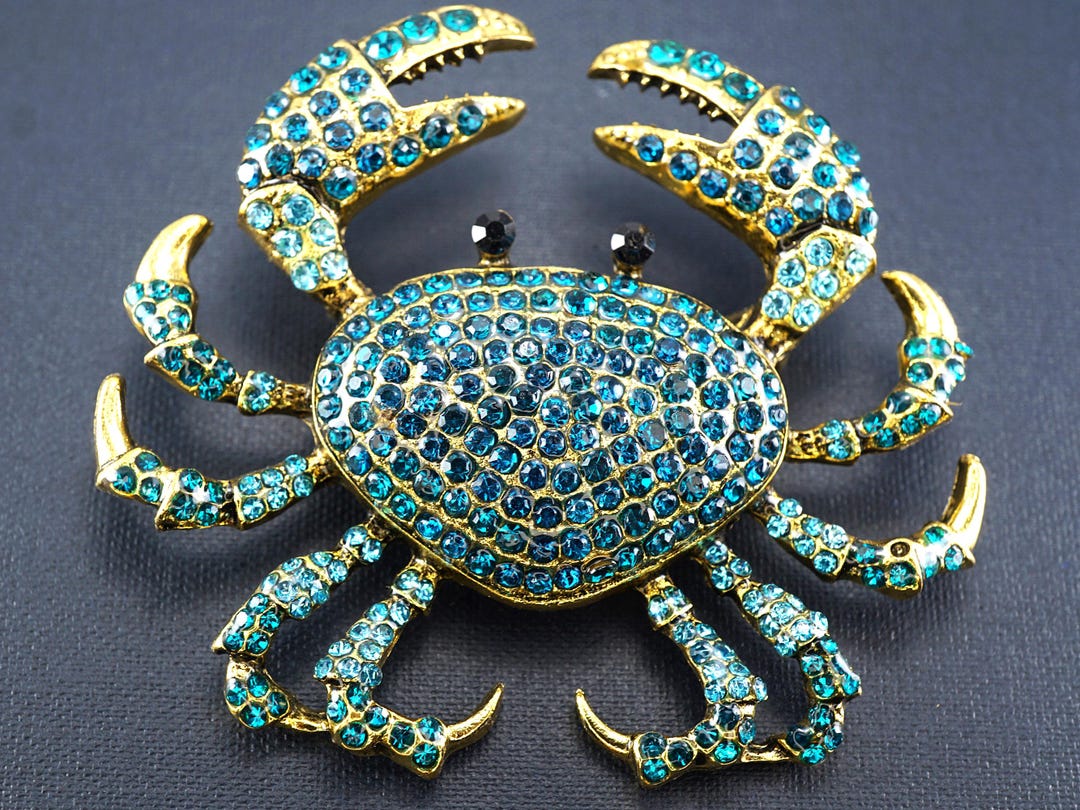 Large Blue Crab Brooch, Many Tiny Rhinestones, Gold Crab Pin, Marine ...