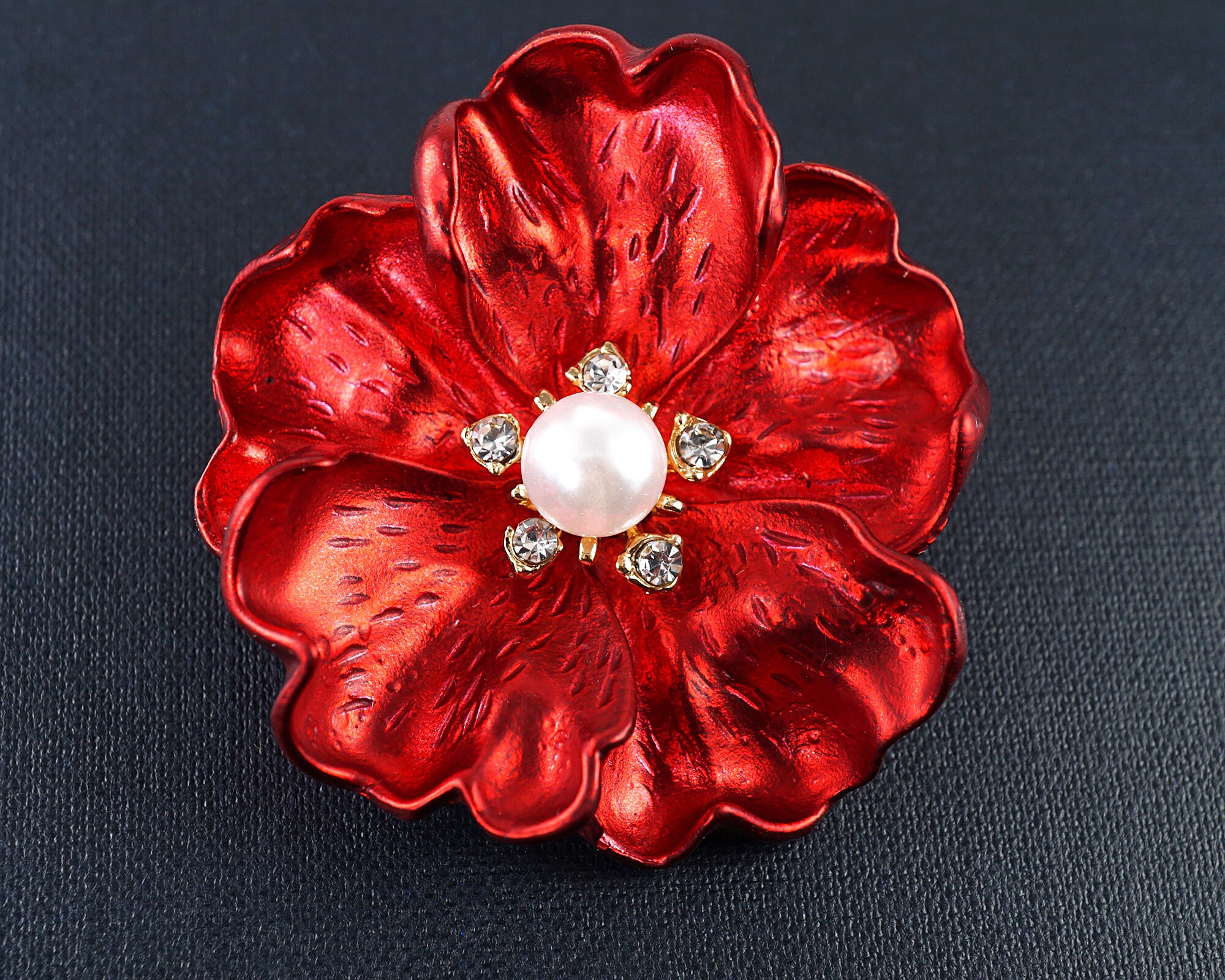 Red Poppy Brooch, Red Flower Brooch, Antique Brooch, Metallic Enamel ...