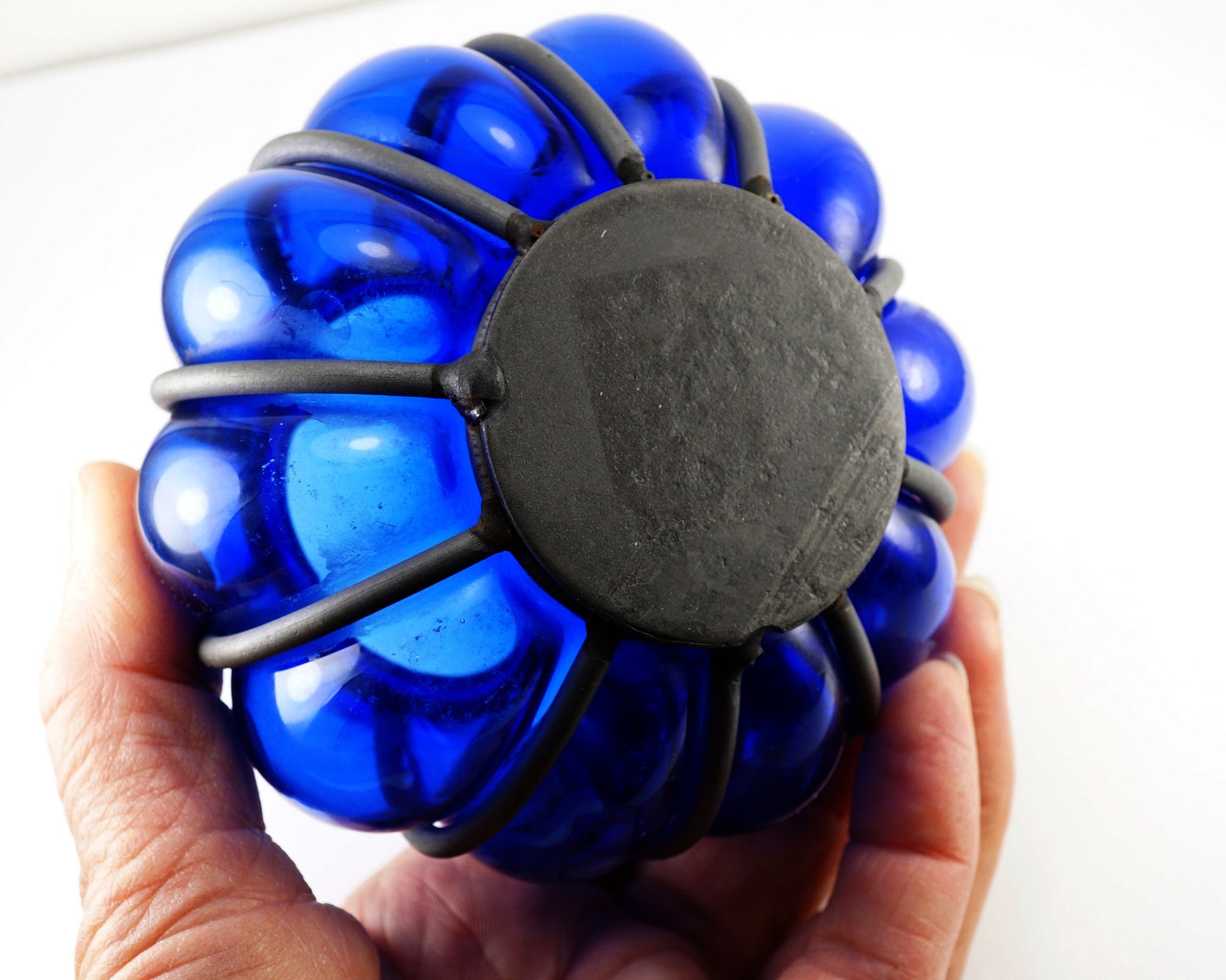 Vintage Hand Blown Glass Lantern, Cobalt Blue Glass in Iron Cage ...