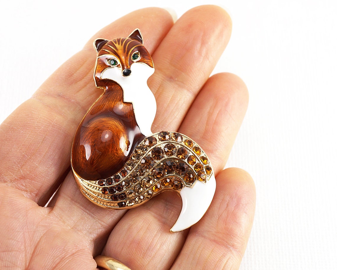 Gold Enamel Fox Pin Rhinestone Fox Tail Brooch Tiny Crystal | Etsy