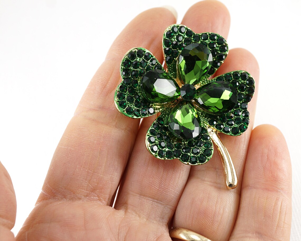 St Patricks Day Gift, Large Green 4 Leaf Clover Brooch Pin, Irish Shamrock Good Luck, Vintage ...