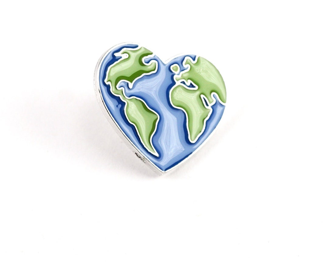 Planet Earth Pin, World Map Brooch, Heart Button Pin, Love Our Planet ...