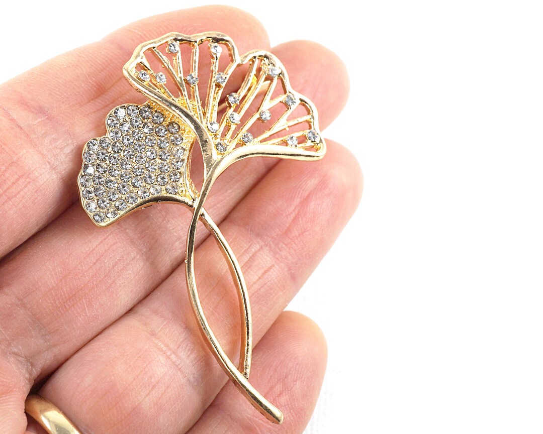 Gold Ginkgo Leaves Pin, Tiny Rhinestones, Botanical Brooch, Vintage ...
