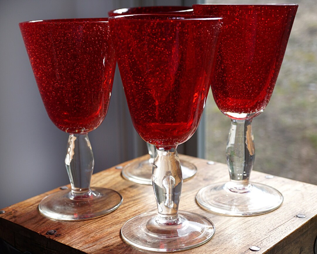 ON VACATION Clear Ruby Red Glass Bubble Art Glass Handmade Red Wine ...