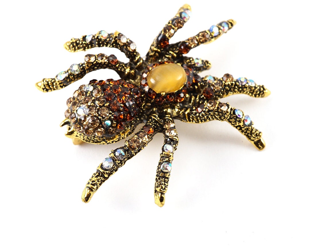 Large Honey Brown Spider Brooch With Cats Eye Stone, Tiny Rhinestones ...