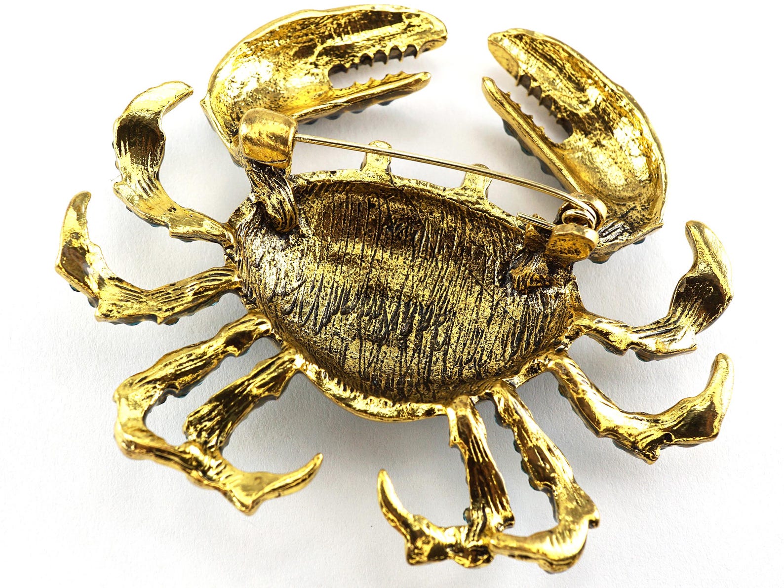 Large Blue Crab Brooch, Many Tiny Rhinestones, Gold Crab Pin, Marine ...