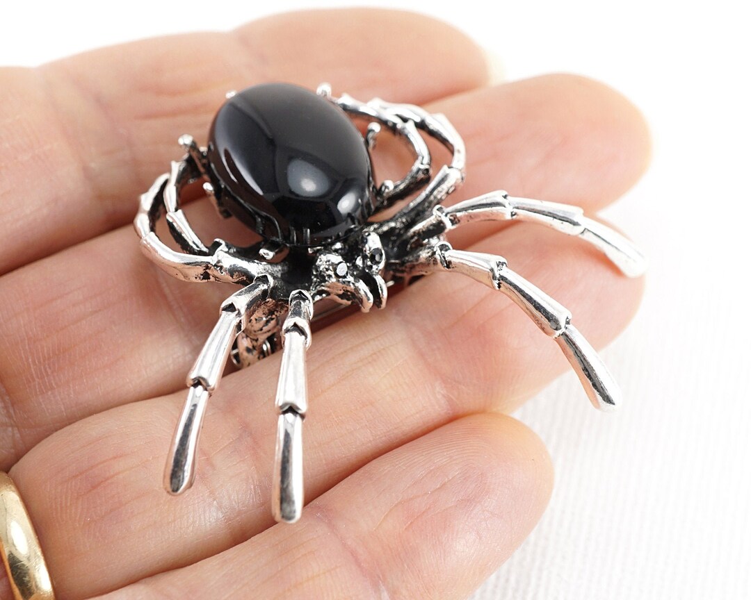 Large Silver Spider Pin, Big Black Spider Brooch, Long Leg Spider ...