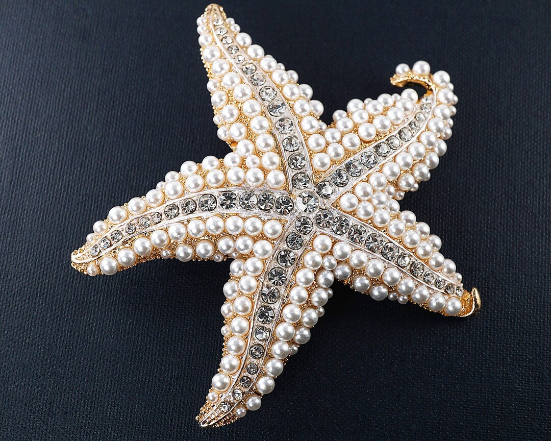 Gold Starfish Brooch, White Pearl and Rhinestone Sea Star Pin, Vintage ...