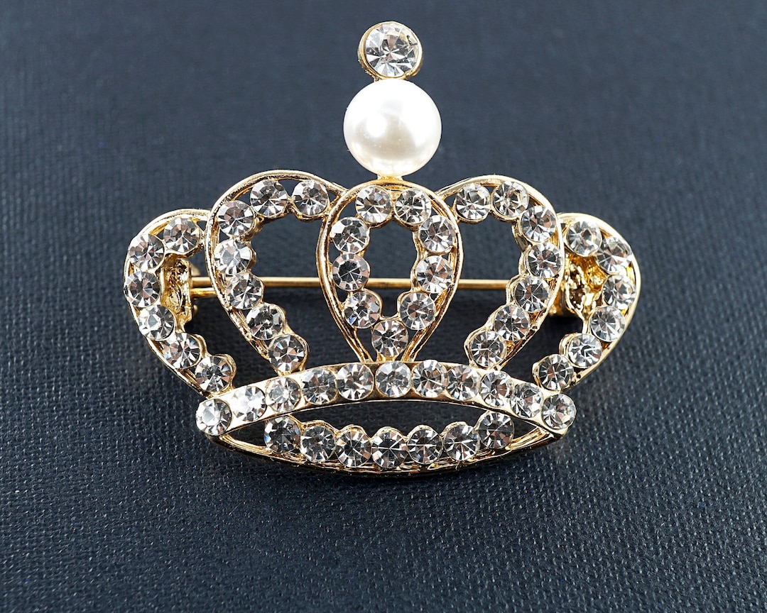 Gold Queen King Crown Brooch, White Pearl Crystal Rhinestone Princess ...