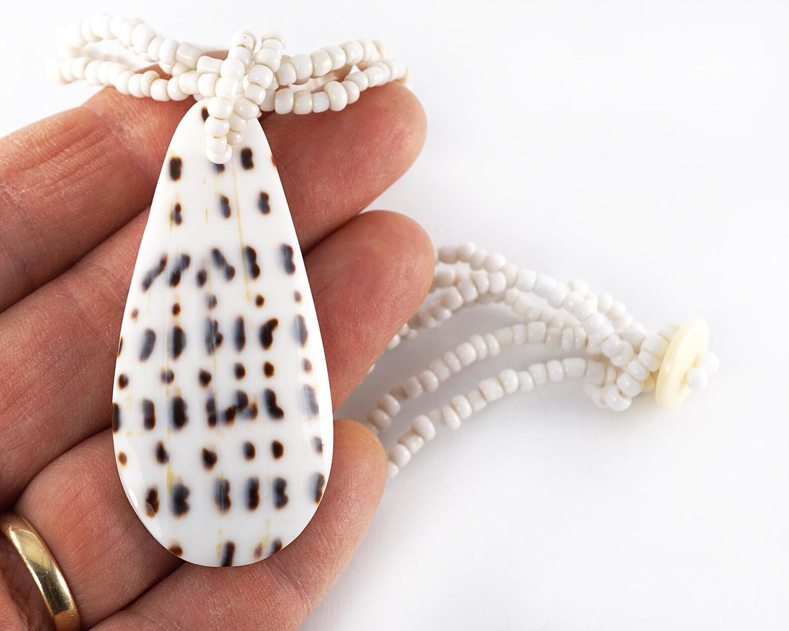 Teardrop Spotted Shell Pendant Necklace, White Multi Strand Necklace ...