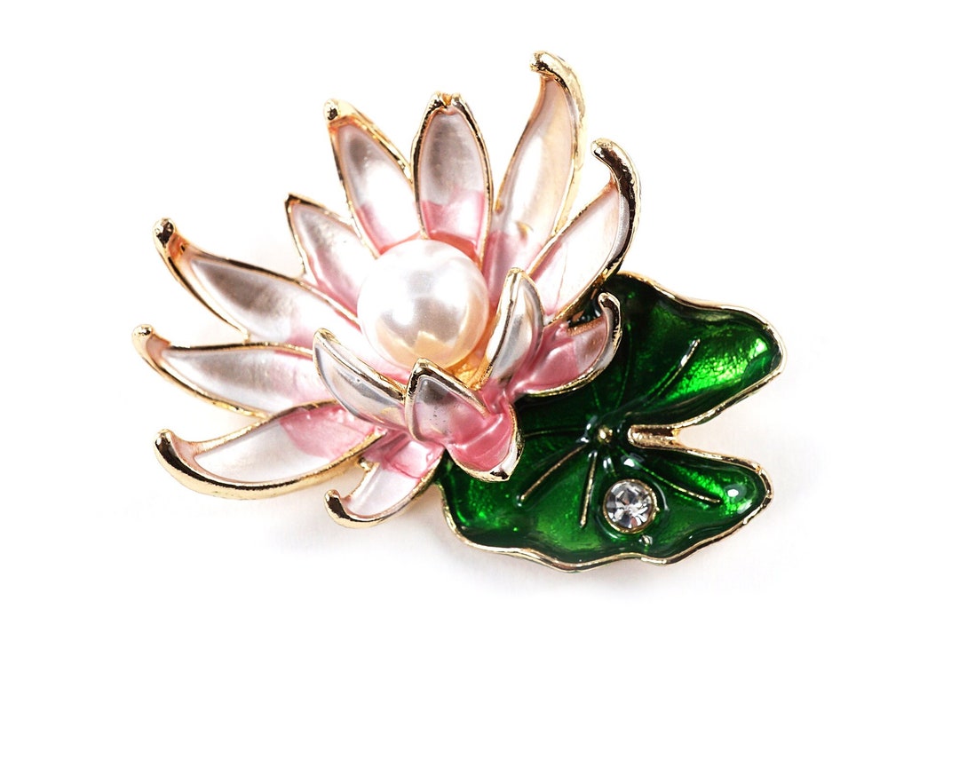Stunning 3D Pink Lotus Pin, White Pearl Flower, Green Leaf Brooch ...