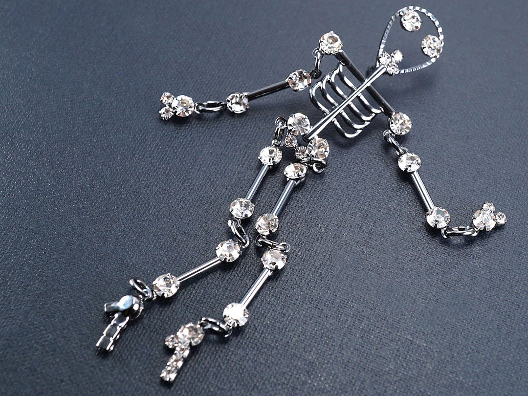 Fantastic Moving Skeleton Brooch, Black Gunmetal Tassel Rhinestone ...