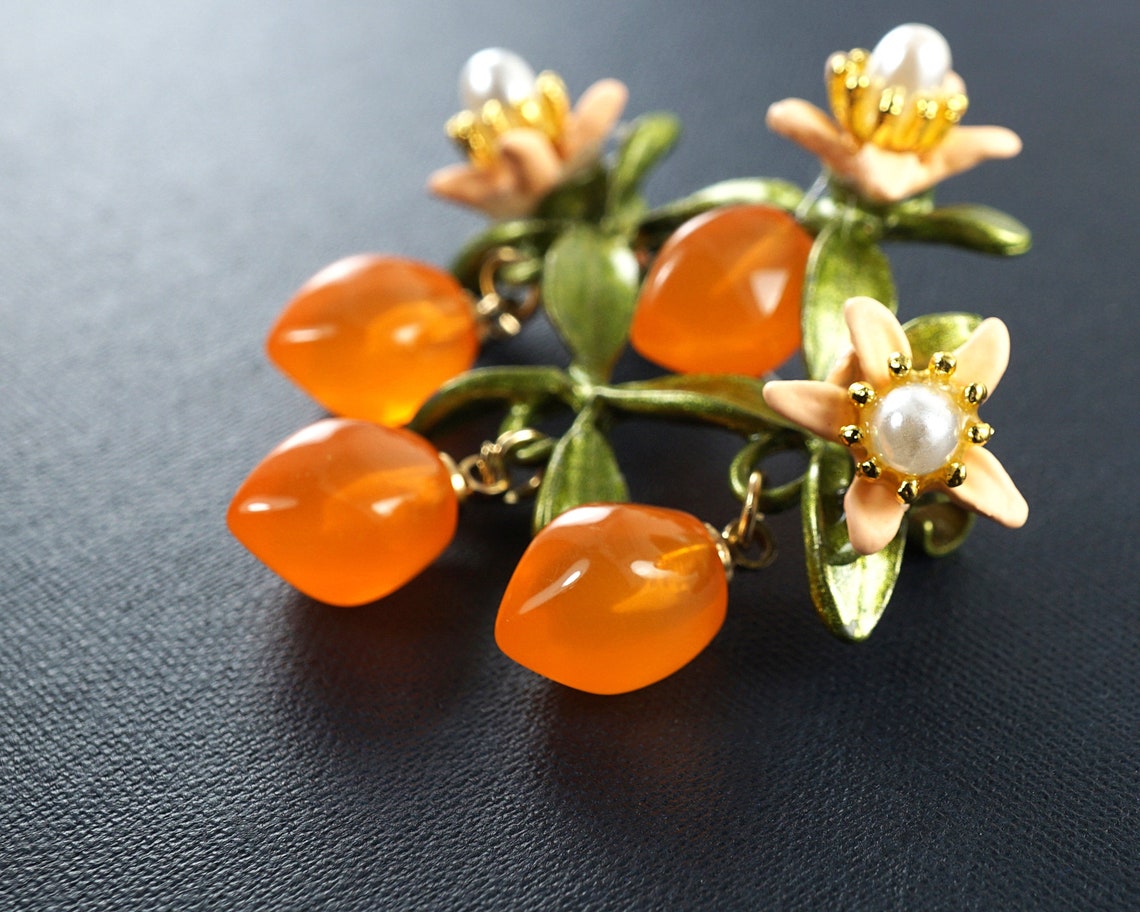 Exquisite Orange Fruit Berries Brooch Metallic Green Plant - Etsy