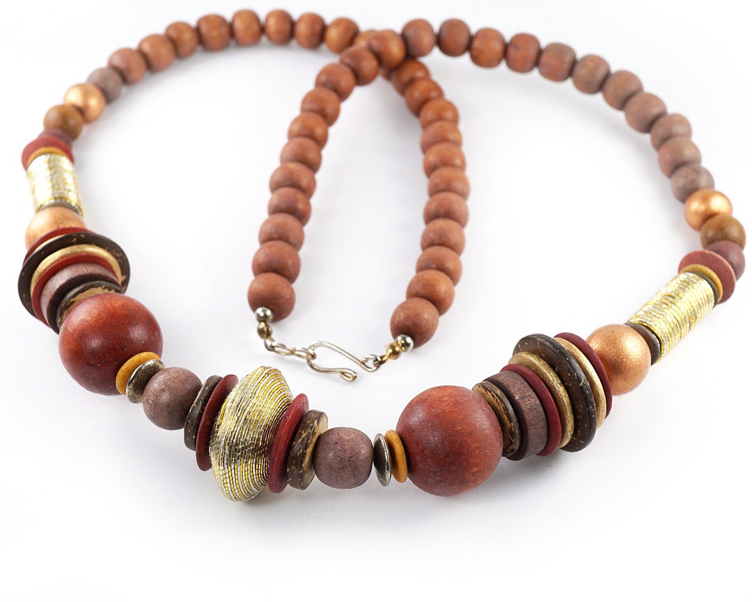 Long Wooden Necklace Retro Mixed Multicolor Red Gold Copper - Etsy