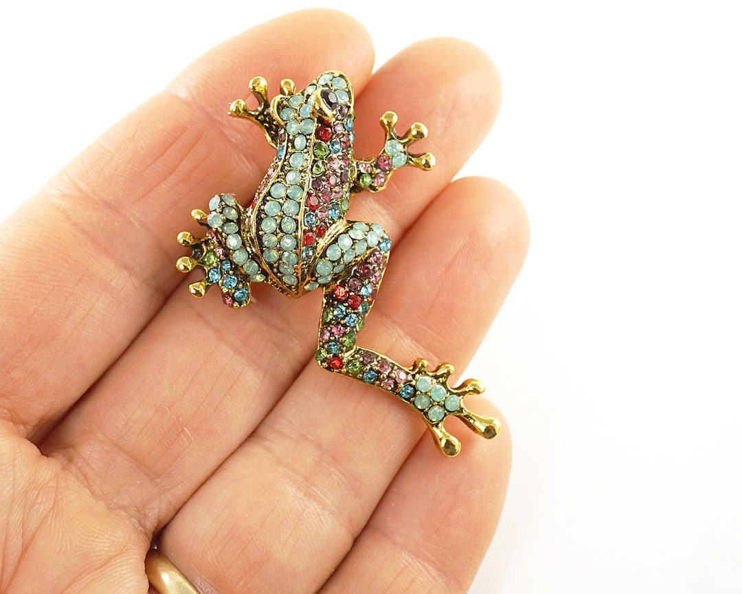 Colorful Mint Green Frog Brooch, Vintage Gold Frog Pin, Tiny Rhinestone ...
