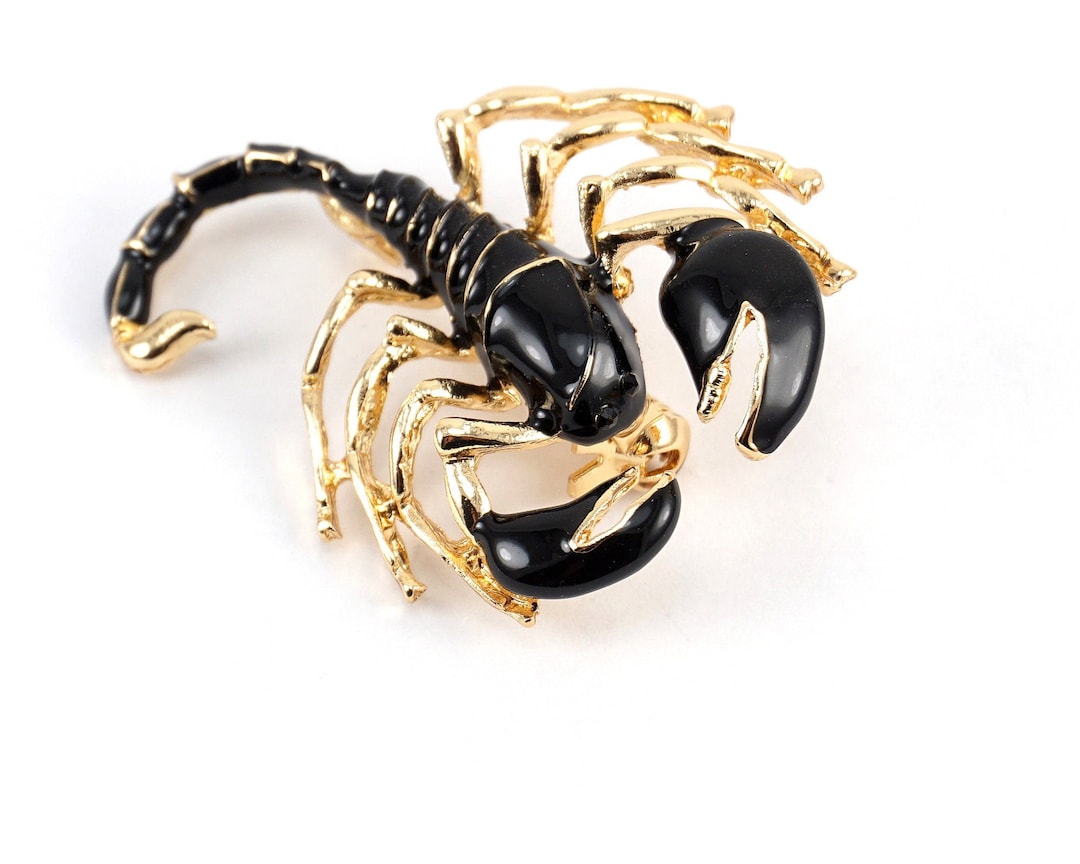 Creepy Scorpion Brooch, Golden Scorpion Pin, Black Enamel Brooch ...