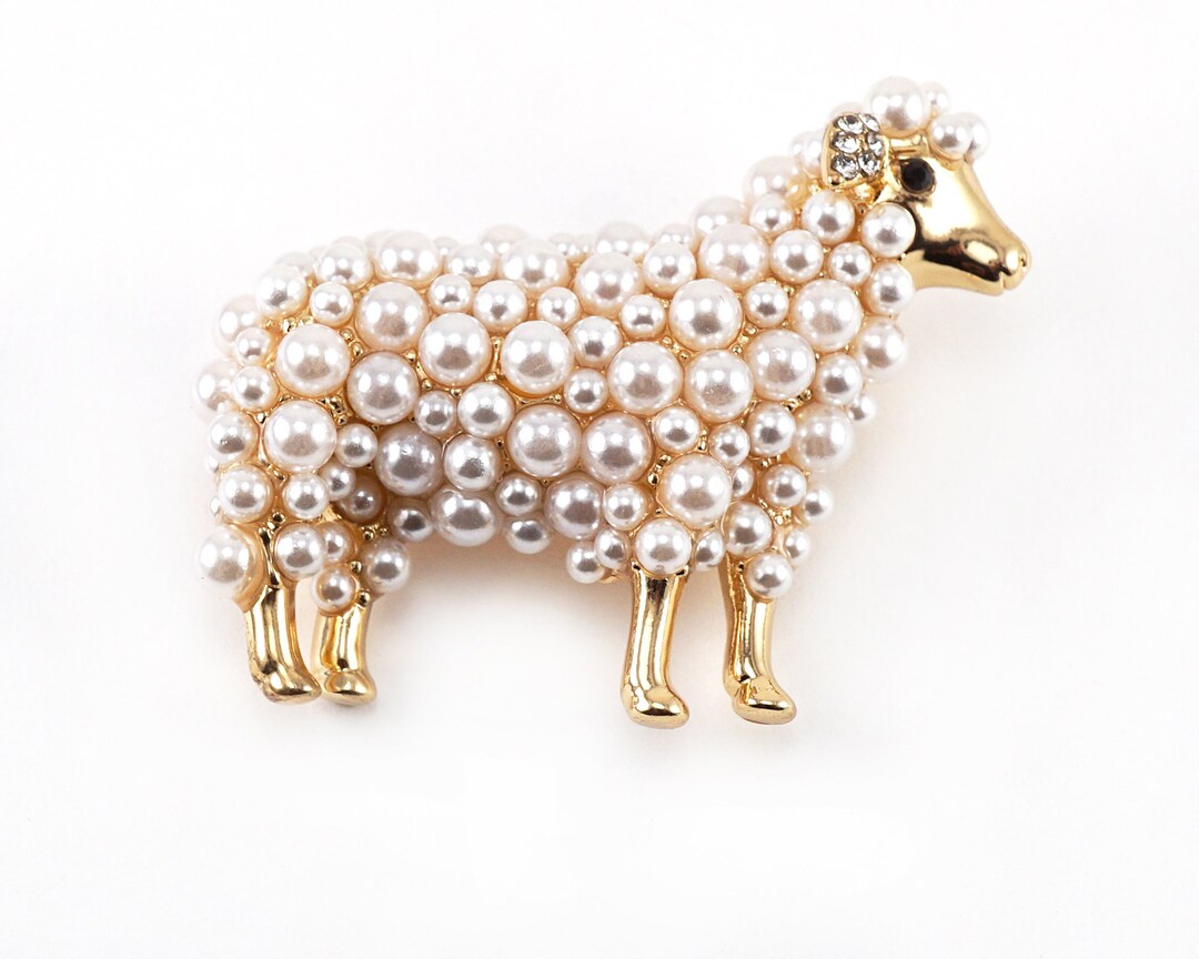 Vintage Sheep Brooch, Cute White Sheep With Faux Pearls Pin, Tiny ...