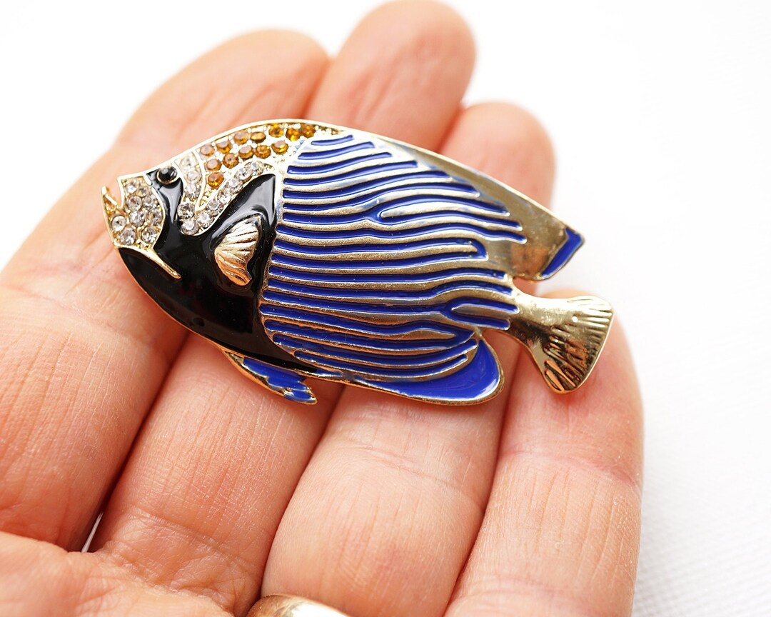 Colorful Fish Brooch, Blue Tropical Fish Pin, Rhinestone Enamel Gold ...