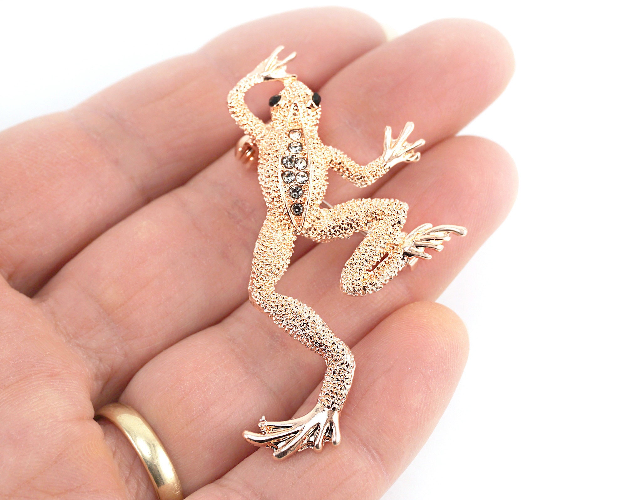 ON VACATION Rose Gold Frog Brooch, Vintage Frog Pin, Tiny Rhinestone ...