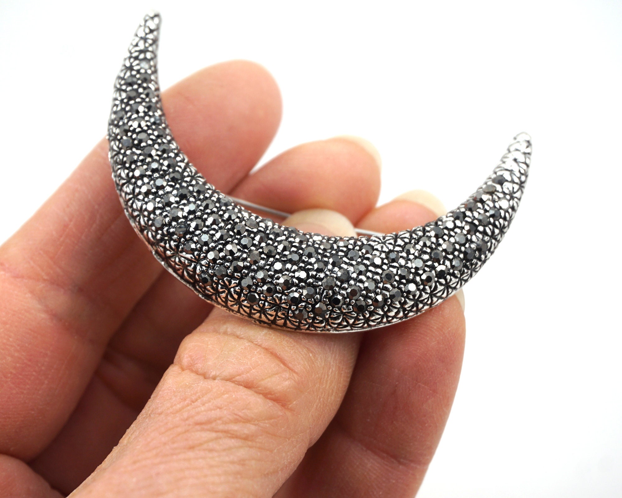 ON VACATION Large Crescent Moon Brooch, Vintage Sparkling Crystal ...