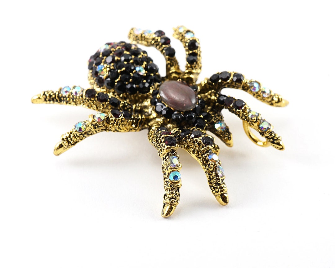 Large Golden Spider Brooch With Cats Eye Stone, Tiny Rhinestones Pin ...