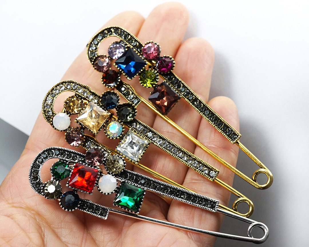 ON VACATION Vintage Safety Pin Brooch, Colorful Rhinestones, Long Shawl ...