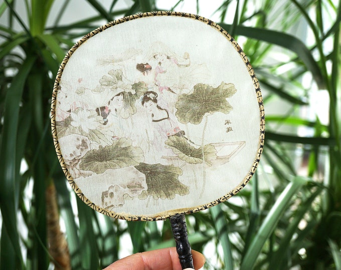 Chinese Silk Fan, Round Hand Fan With Geisha Women Lotus Garden, Round ...