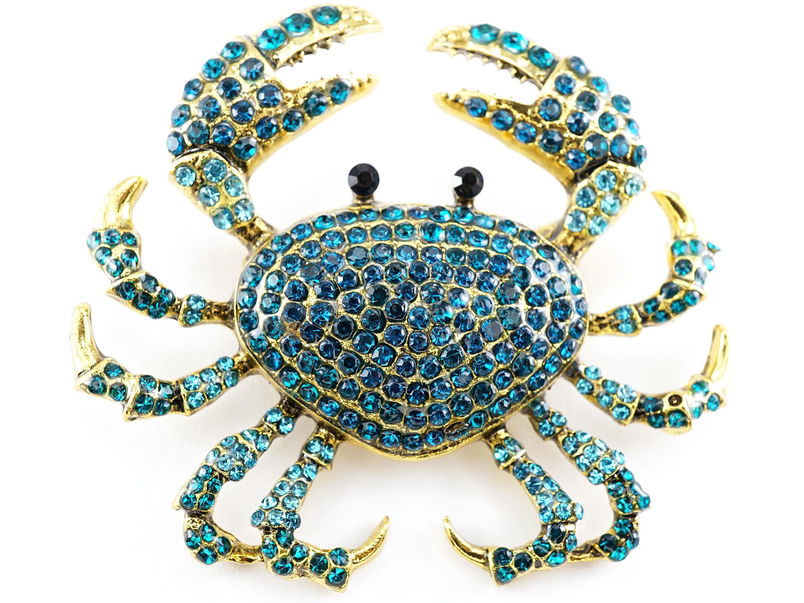 Large Blue Crab Brooch, Many Tiny Rhinestones, Gold Crab Pin, Marine ...