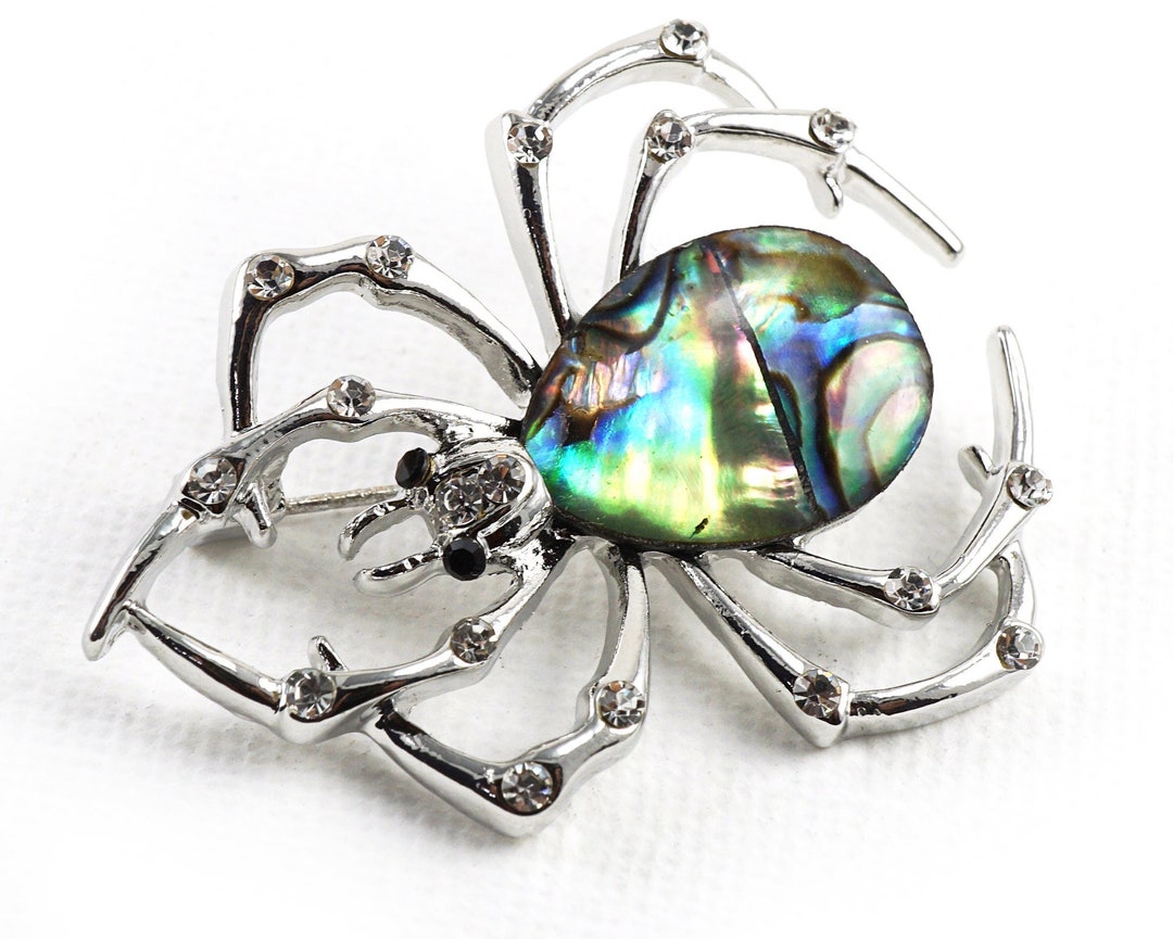 Silver Abalone Spider Brooch, Large Rhinestone Spider Pin, Tiny Crystal ...