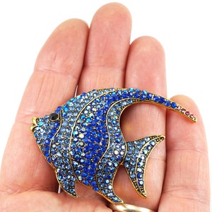 Sparkling Blue Crystal Fish Brooch, Tropical Fish Pin, Rhinestone Gold ...