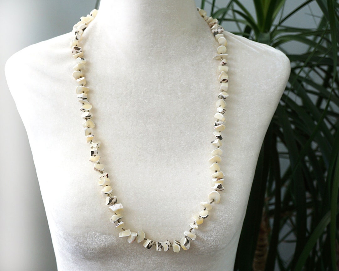 Natural Shell Conch Chunks Necklace, Long White Beach Necklace, Vintage ...