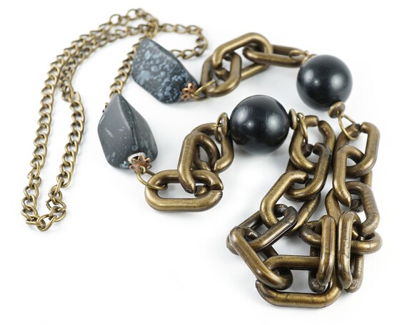 Large Plastic Bronze Chain, Black Beads, Vintage Retr… - Gem