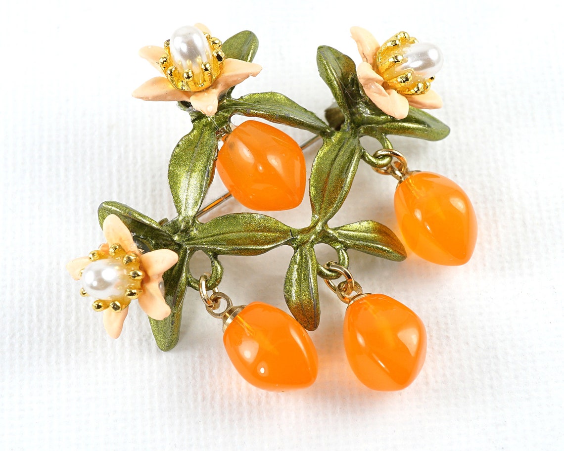 Exquisite Orange Fruit Berries Brooch Metallic Green Plant - Etsy