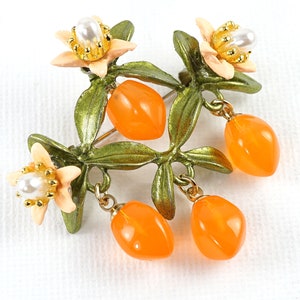 Exquisite Orange Fruit Berries Brooch, Metallic Green Plant Pin ...