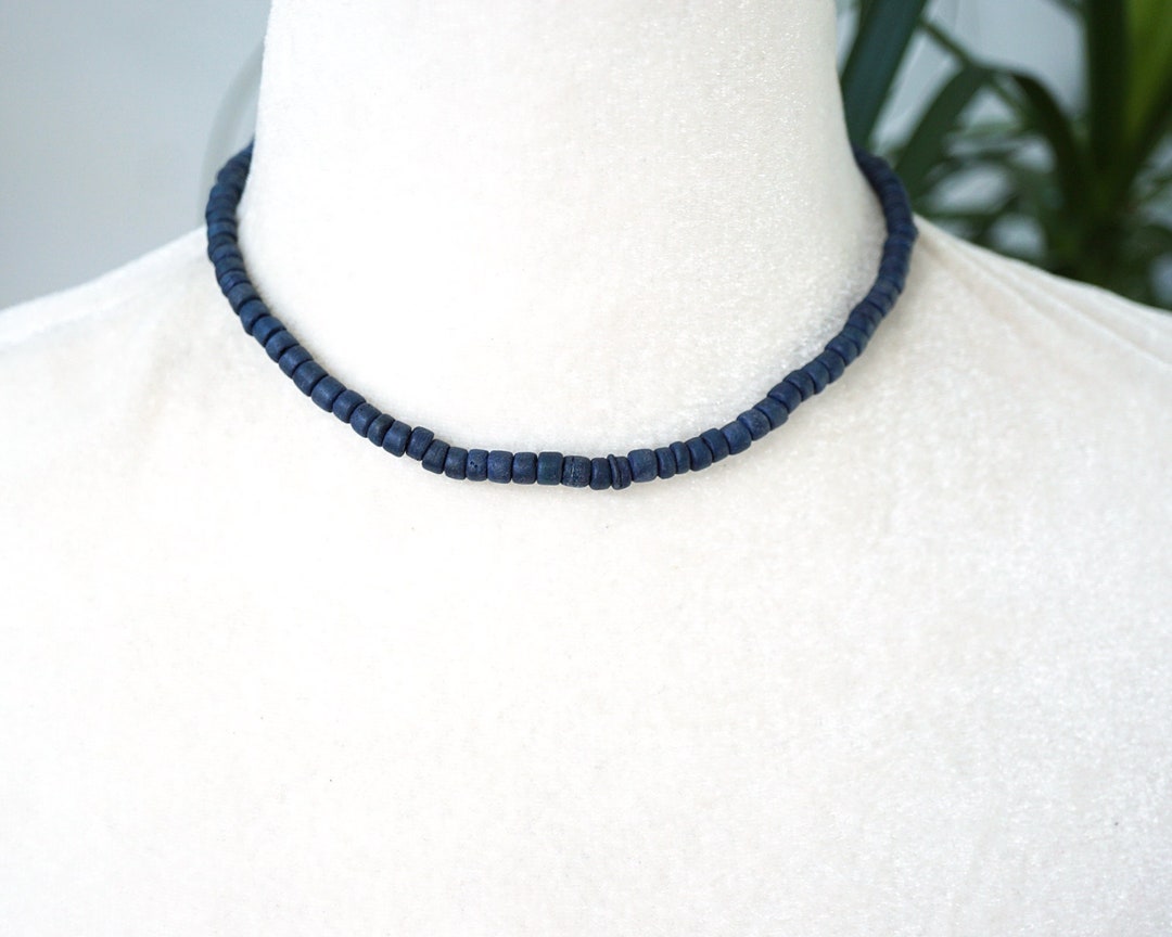 Dark Blue Choker, Short Stretchy Necklace, Heishi Ceramic Beads Unisex ...