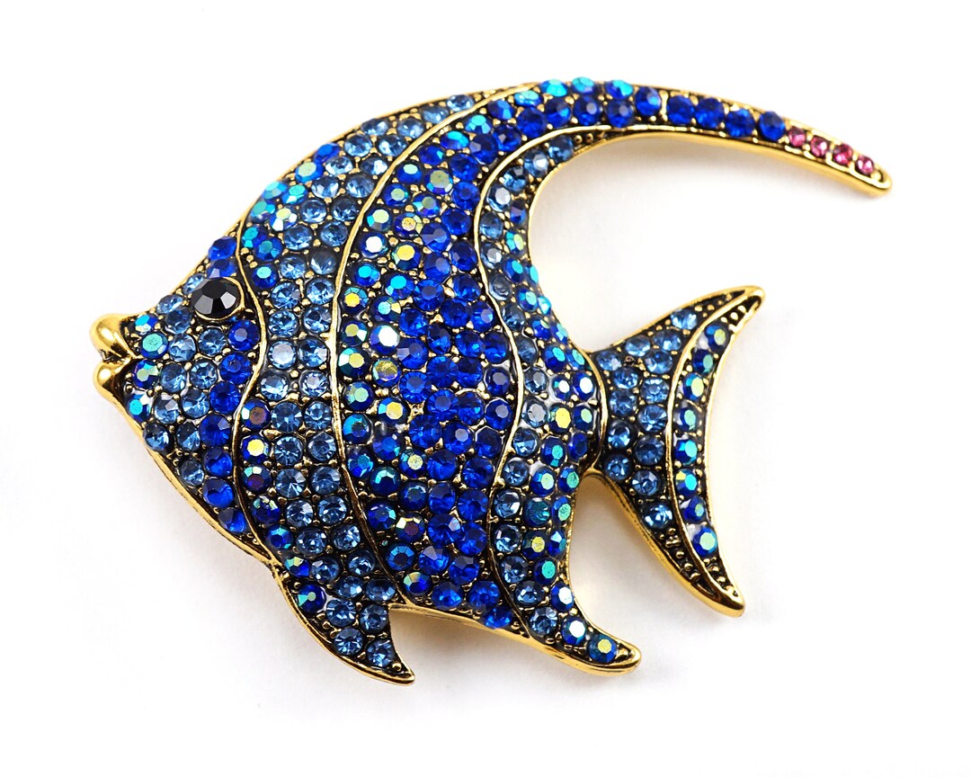 ON VACATION Sparkling Blue Crystal Fish Brooch, Tropical Fish Pin, Rhinestone Gold Fish Brooch ...