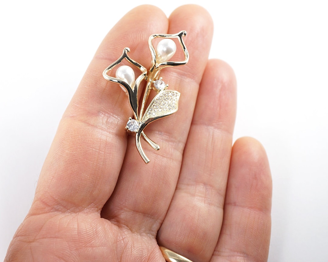 Gold Calla Lily Flower Brooch Pin, White Pearl Rhinestone, Vintage ...