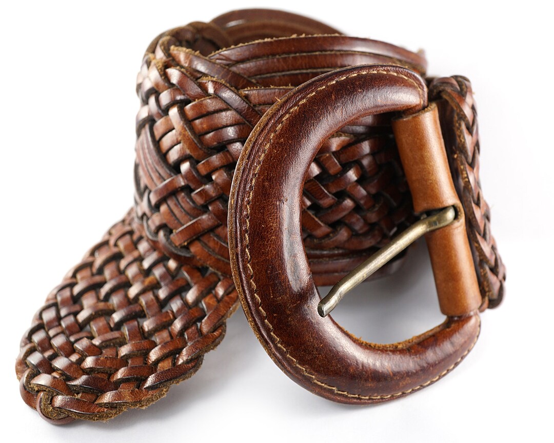 Vintage 70s Leather Belt, Brown Genuine Leather Woven Braided Belt With ...