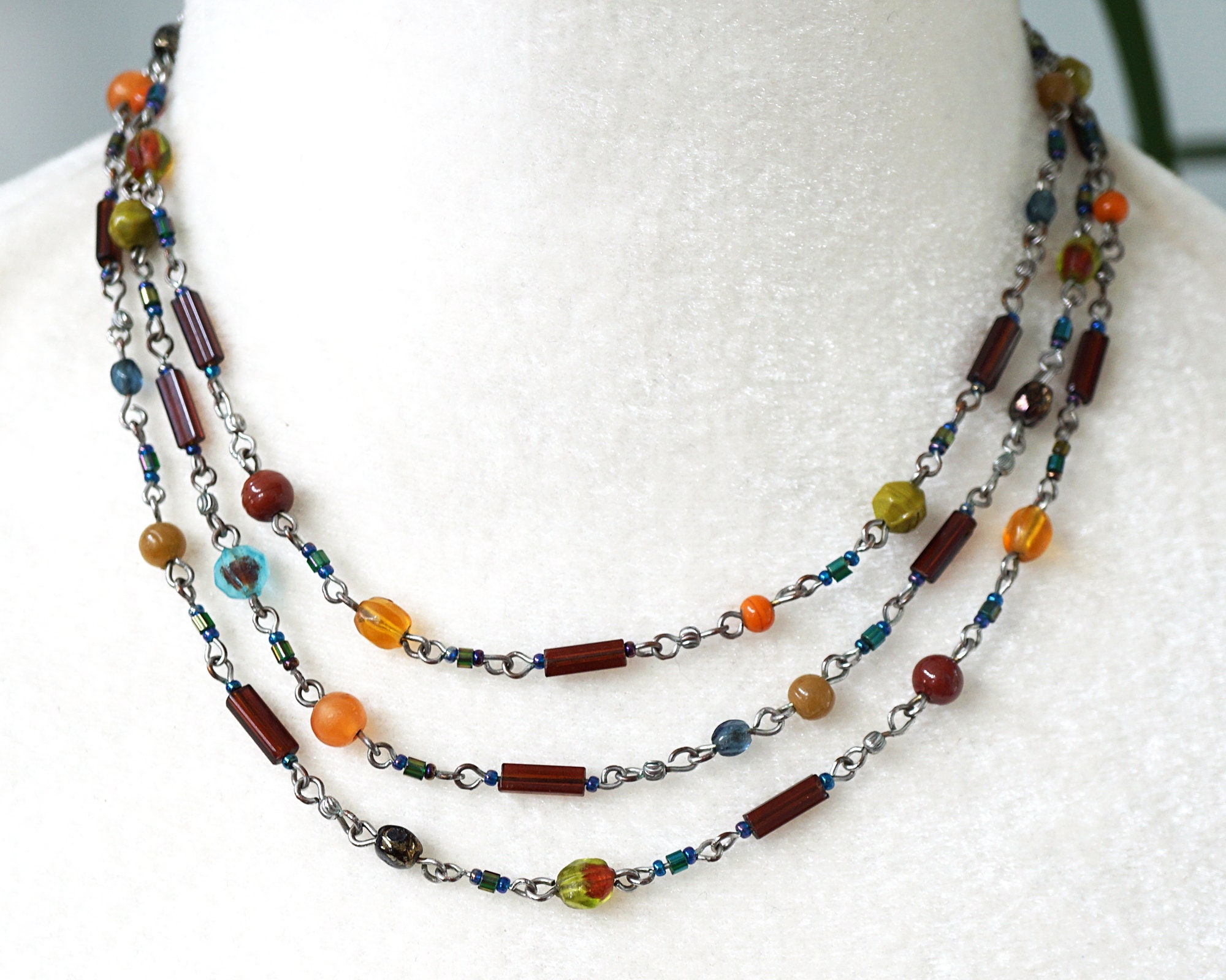Thin Beaded Chain, Long Artisan Glass Necklace, Vintage 80s Jewelry - Etsy