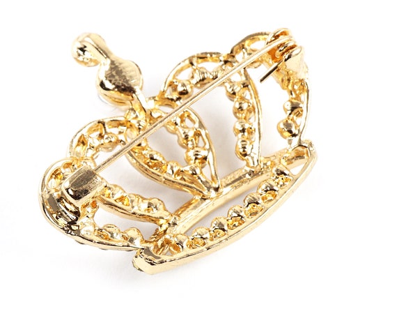 Gold Queen King Crown Brooch, White Pearl Crystal Rhi… - Gem