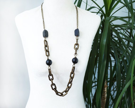 Large Plastic Bronze Chain, Black Beads, Vintage Retr… - Gem