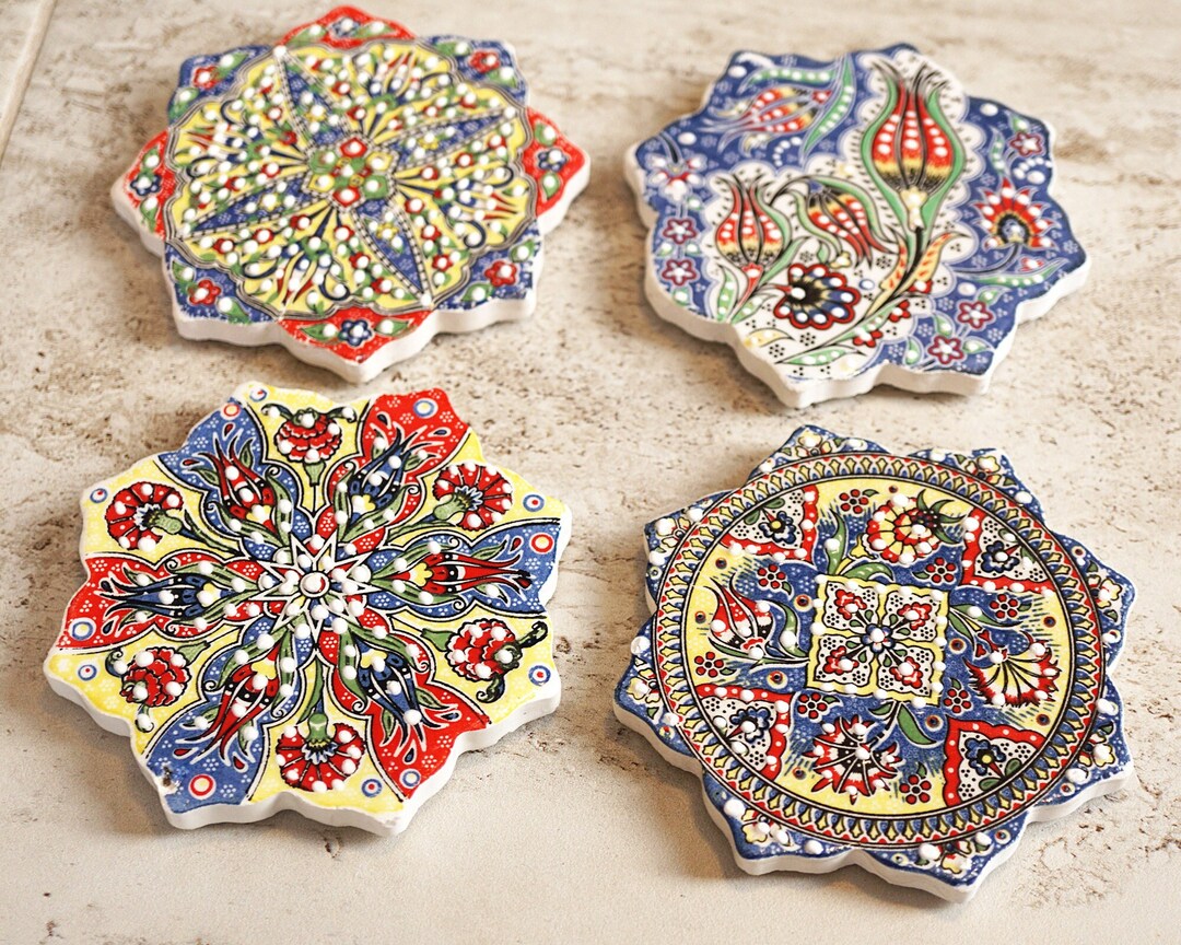 ON VACATION Vintage Ornate Ceramic Coaster, Hand Painted Floral Mandala ...