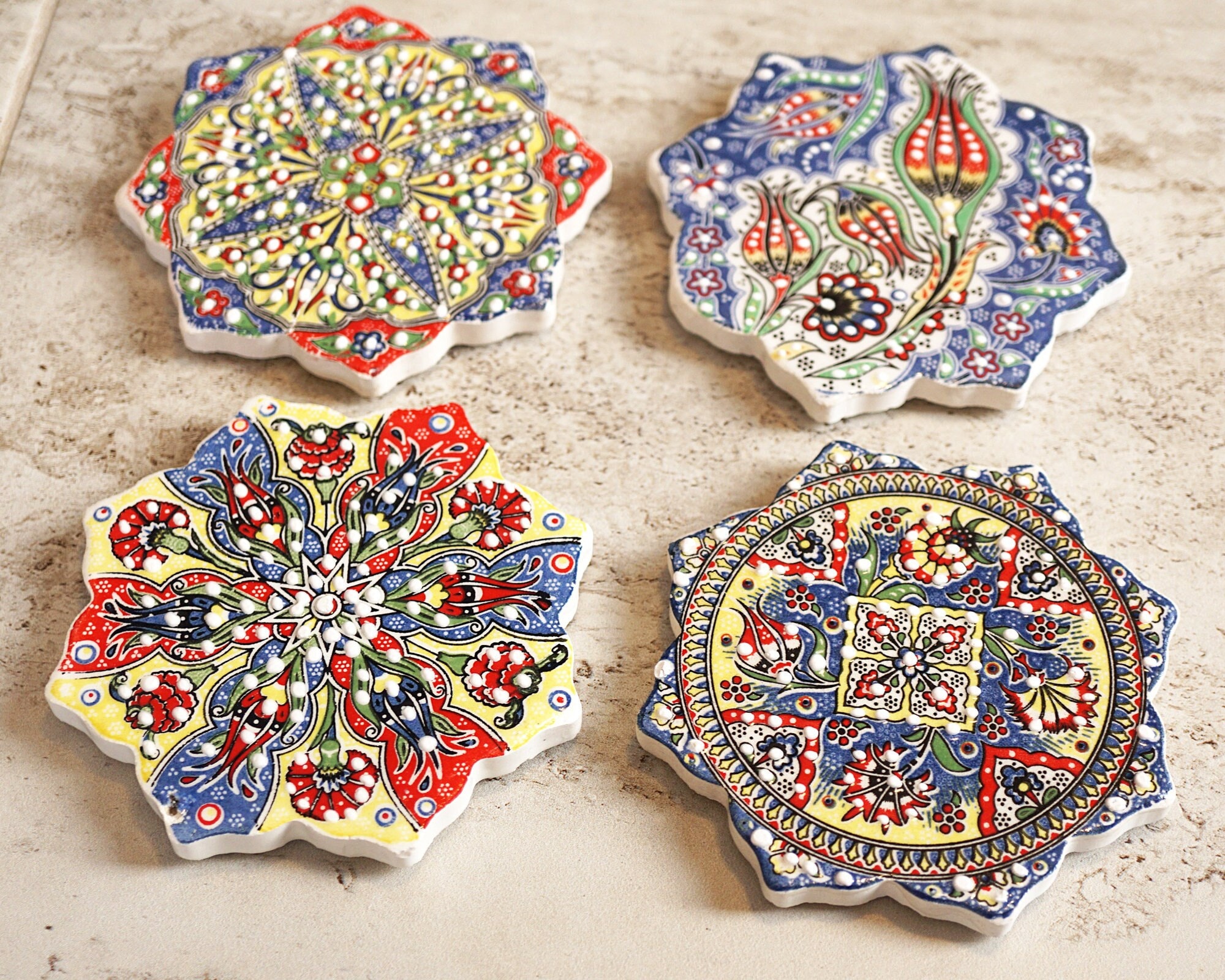 ON VACATION Vintage Ornate Ceramic Coaster, Hand Painted Floral Mandala ...