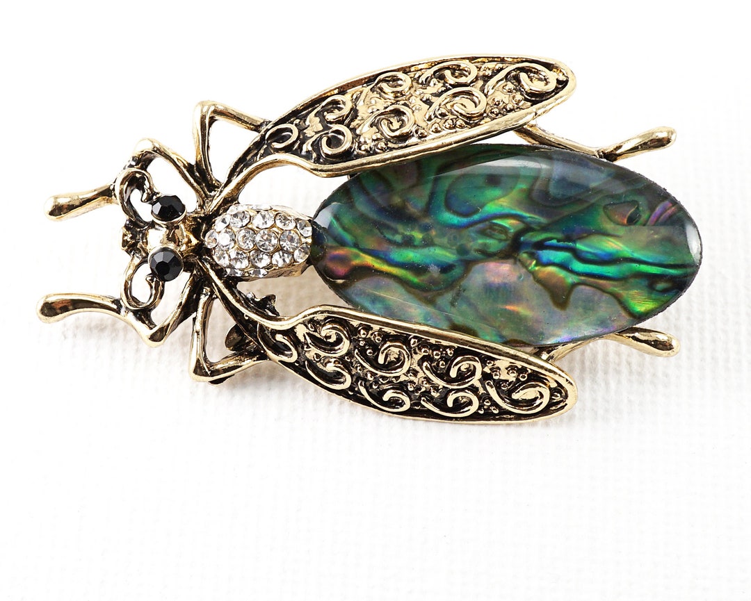 Large Abalone Insect Brooch, Golden Fly Brooch, Crystal Bug Brooch, Big ...